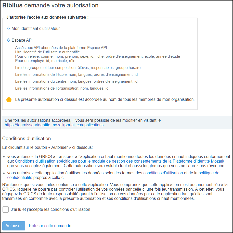Consentement d'une application | EAPI